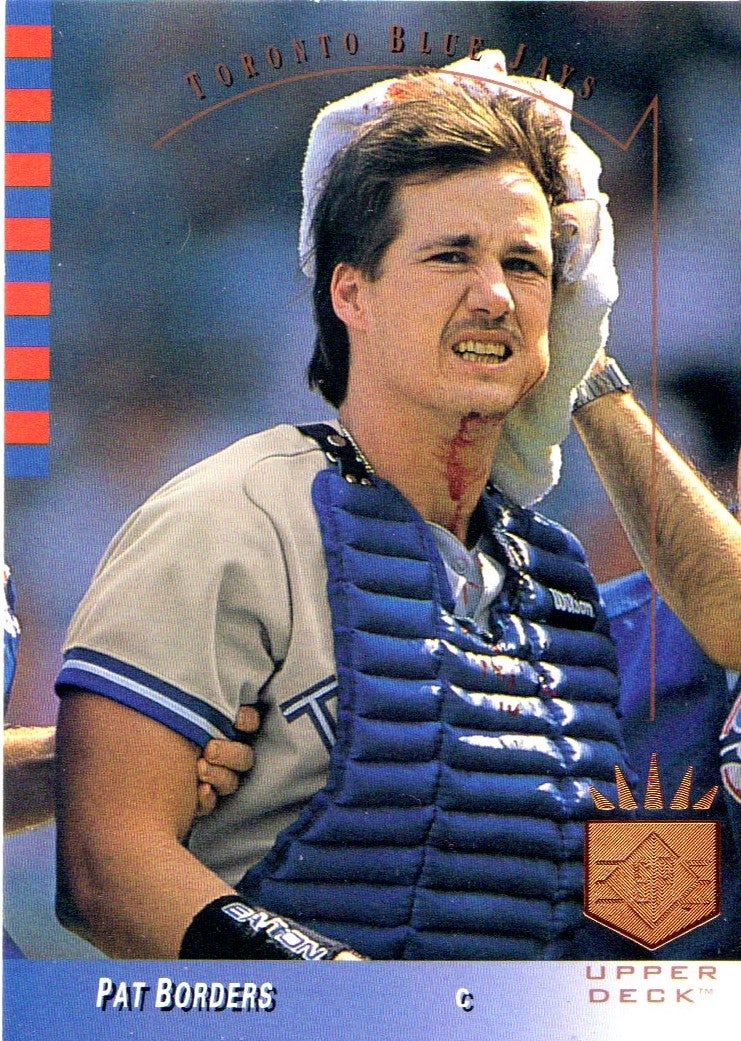 Bloody baseball card of Pat Borders reflects his approach to the game
